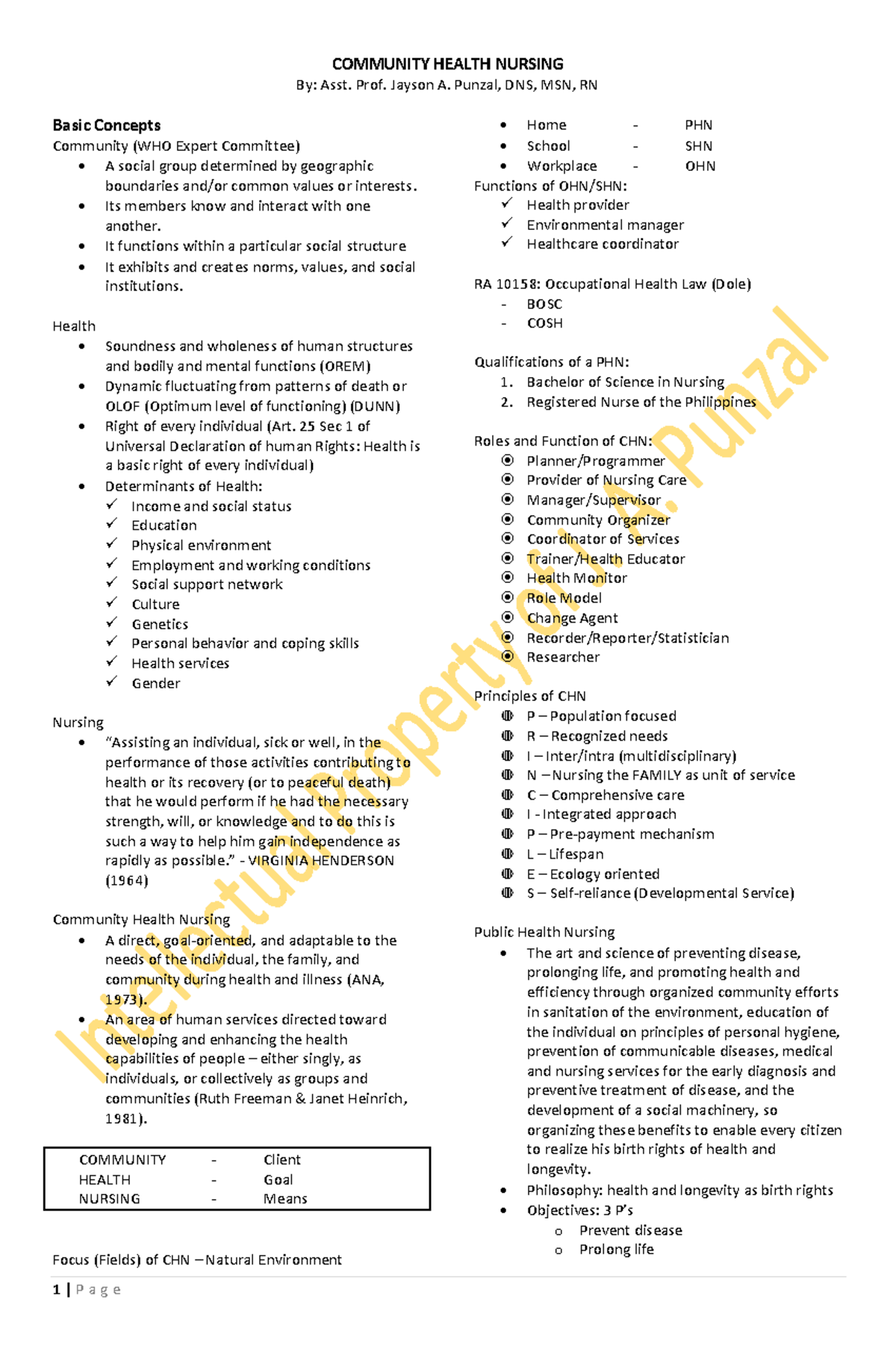 CHN-Review-Handout: Key Concepts in Community Health Nursing - Studocu