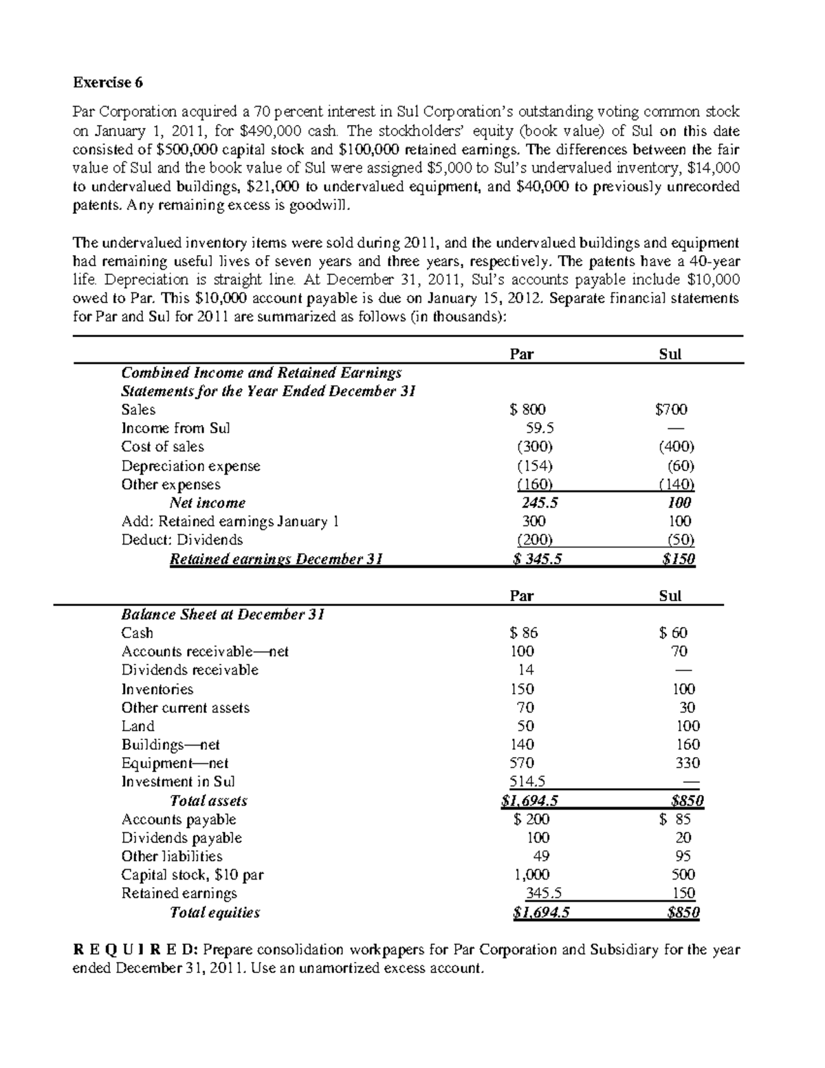 Consolidated Financial Statements Exercise for Course Code FA101 - Studocu