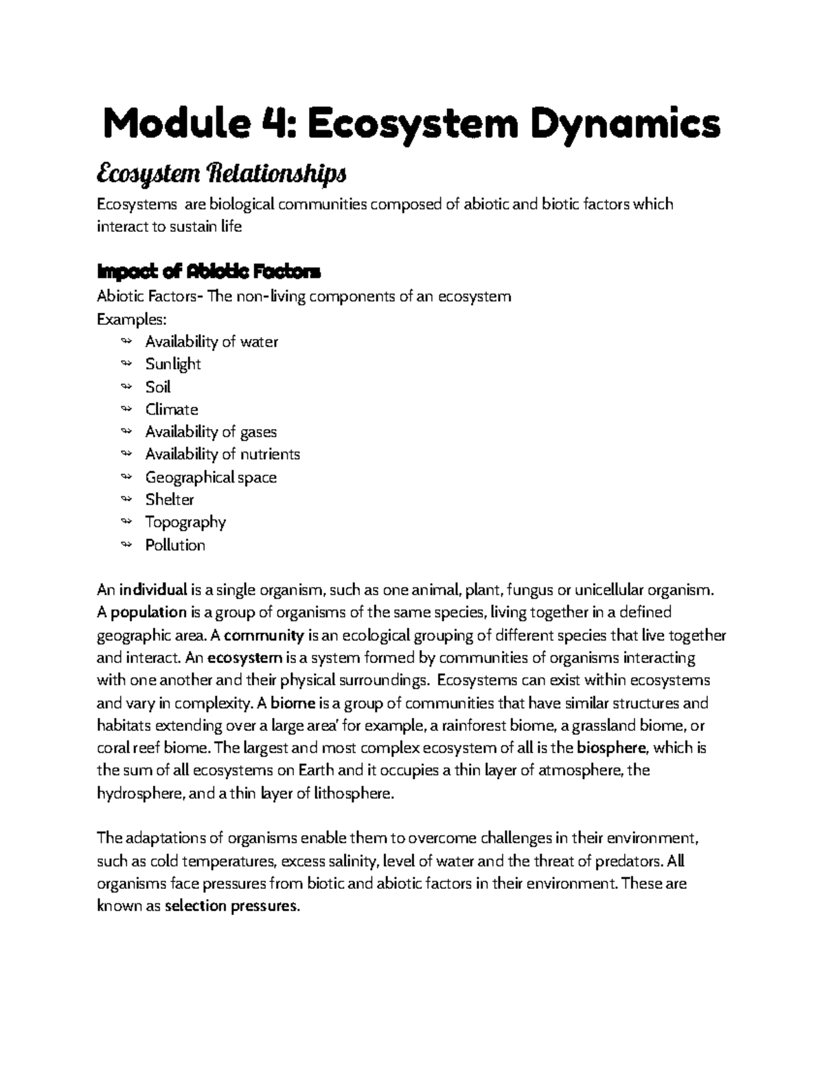 Biology Module 4 - Ecosystem Dynamics & Adaptations Notes - Studocu