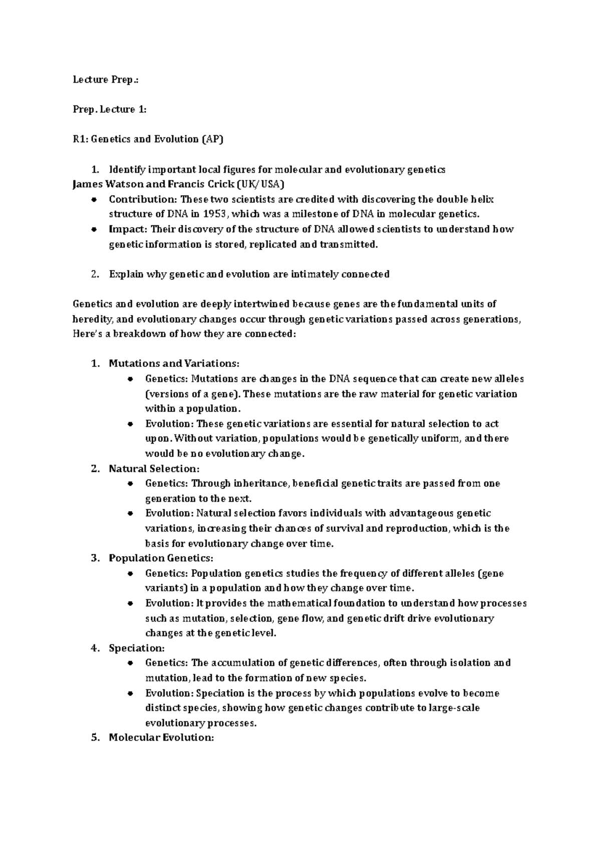 Genetics and Evolution 2B: Lecture 1 Overview and Key Concepts - Studocu