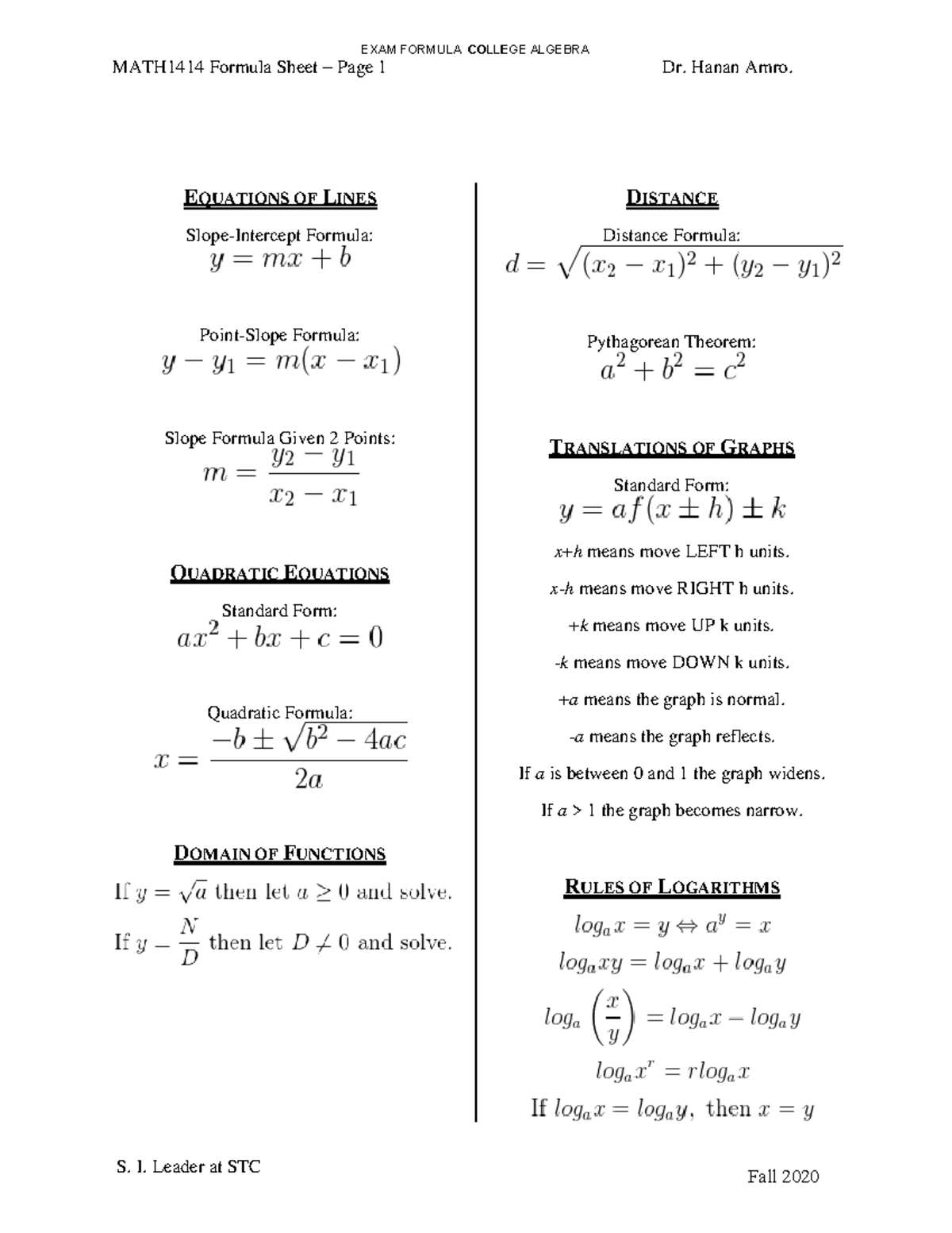College Algebra Formulas Sheet