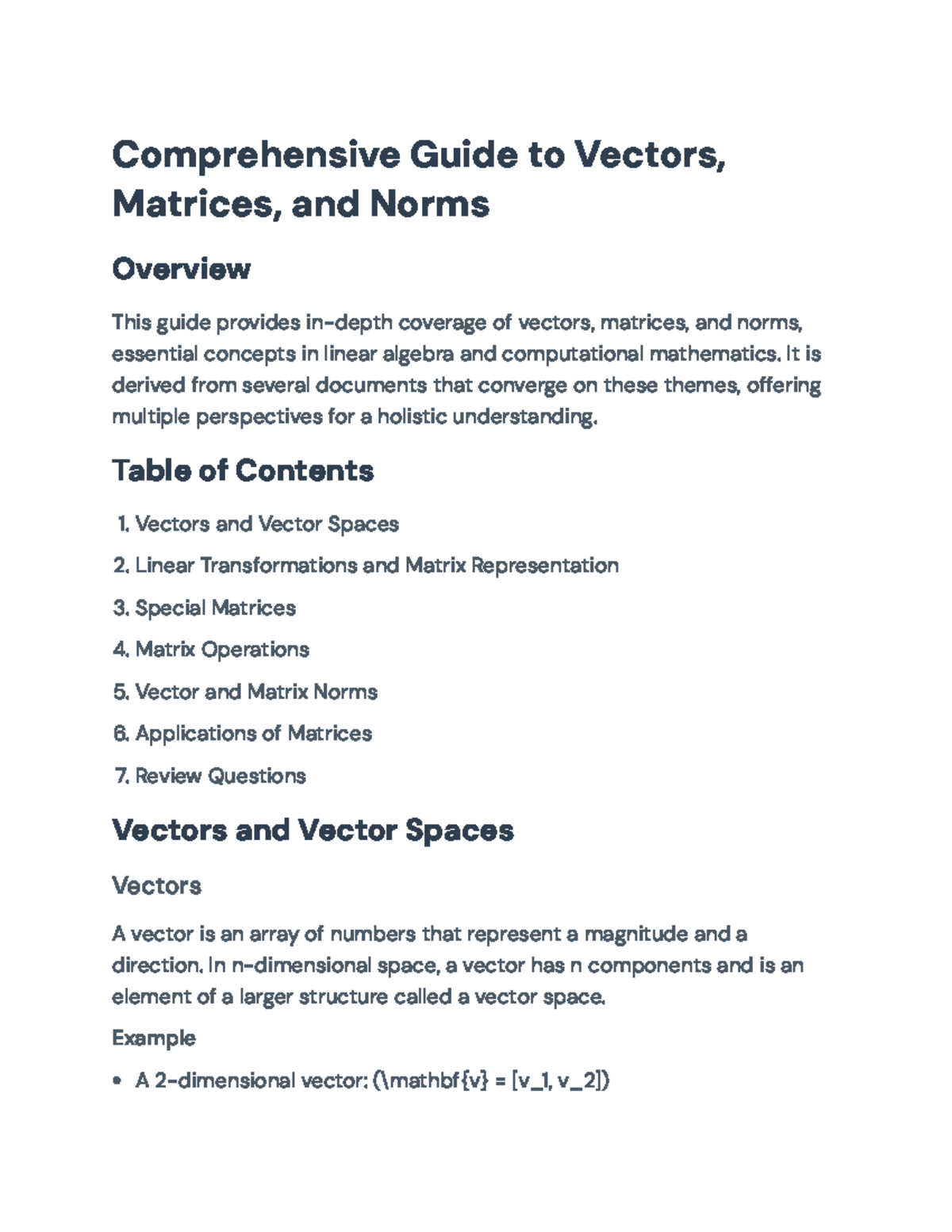 Comprehensive Guide to Vectors, Matrices, and Norms in Linear Algebra ...