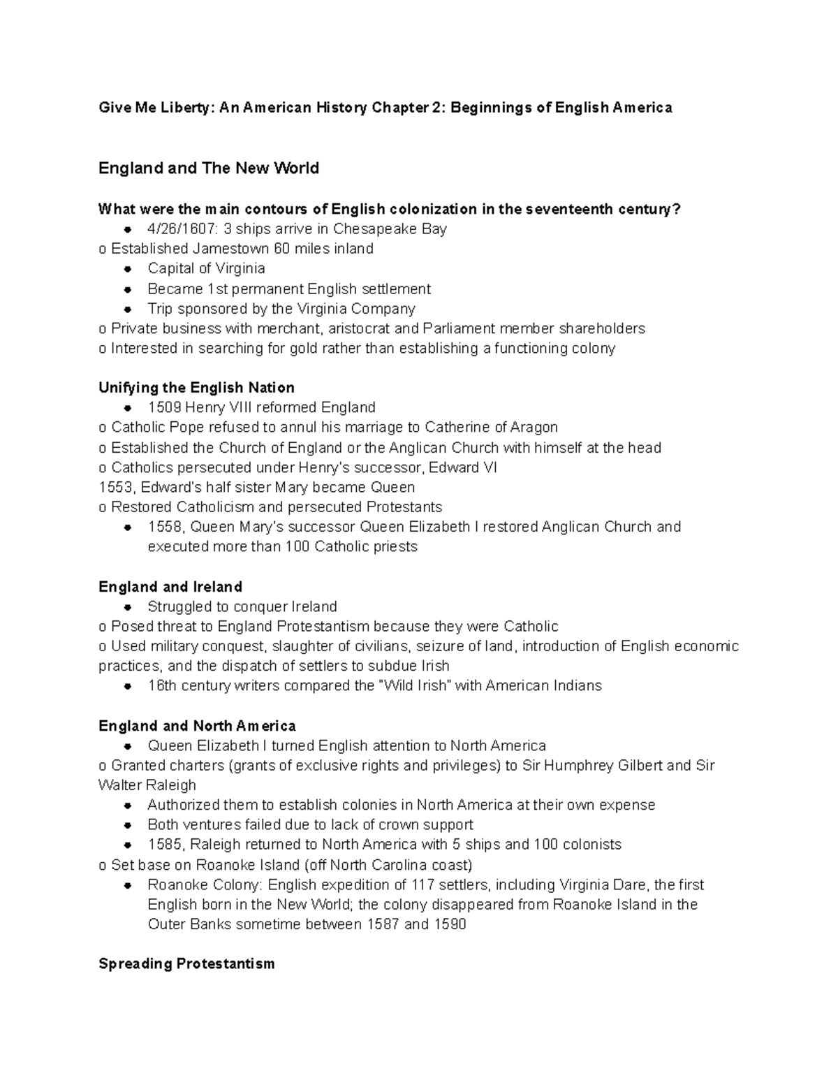 Give Me Liberty! An American History Chapter 2 Beginnings of English ...