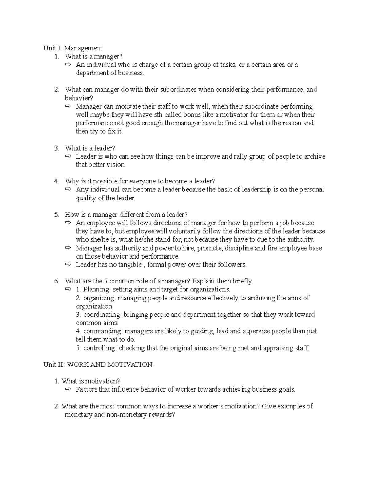 Unit Review - cô Hạnh Dung - Unit I: Management 1. What is a manager ...