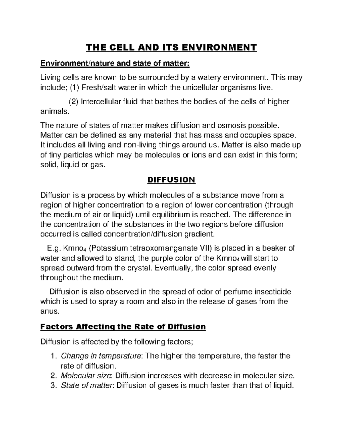 BIO 101 - Understanding the Cell and Its Environment: Diffusion ...