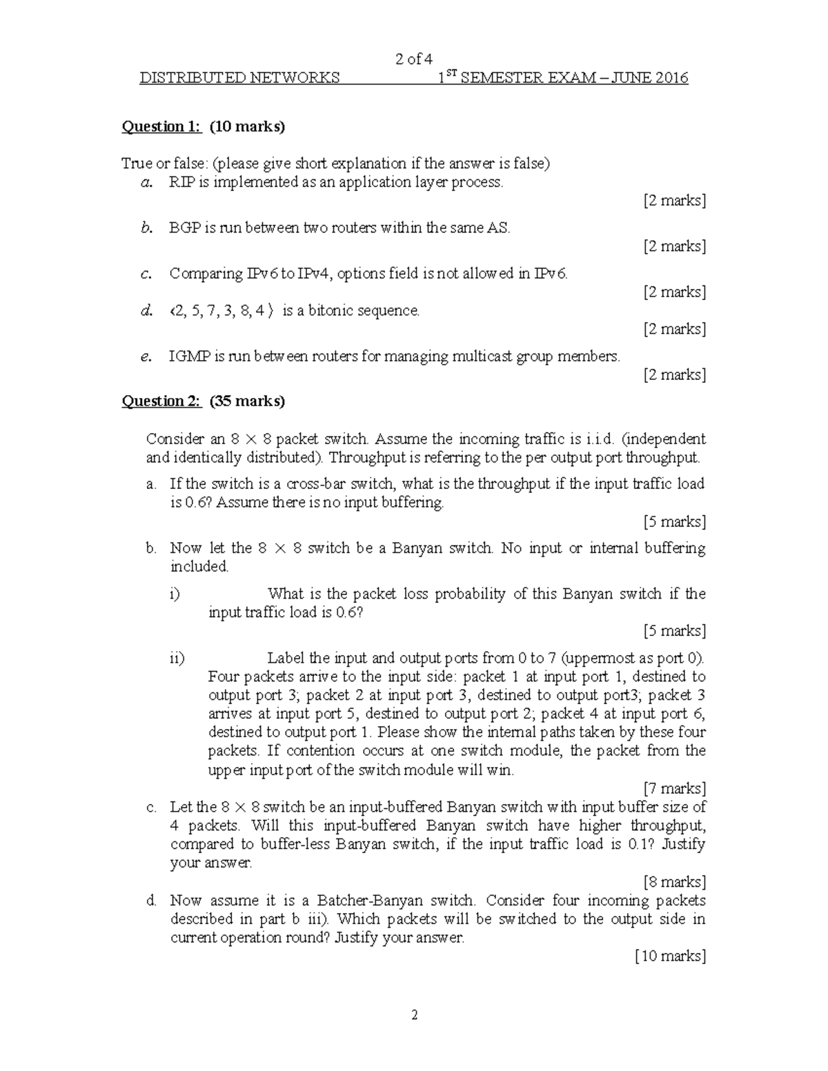 Final exam 1 January, questions - 2 of 4 DISTRIBUTED NETWORKS 1 ST ...