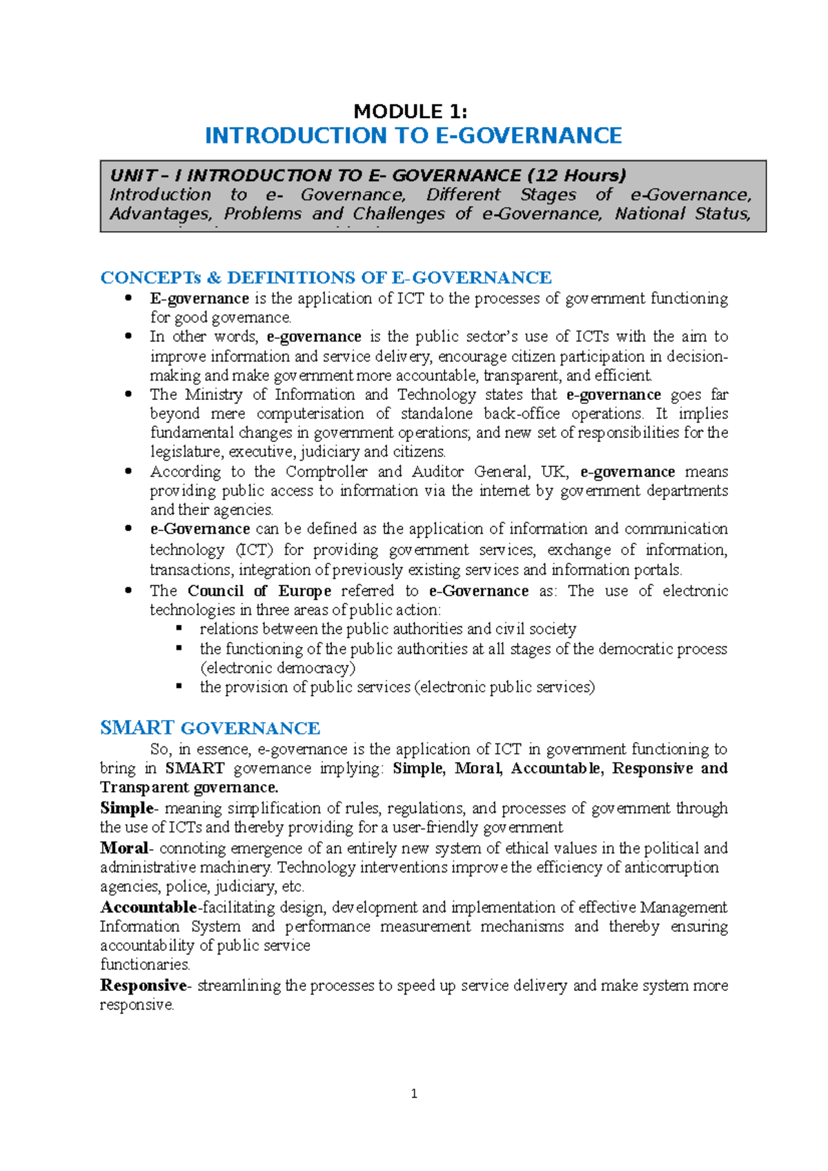 Chapter 1: Introduction to E-Governance and Its Concepts - Studocu