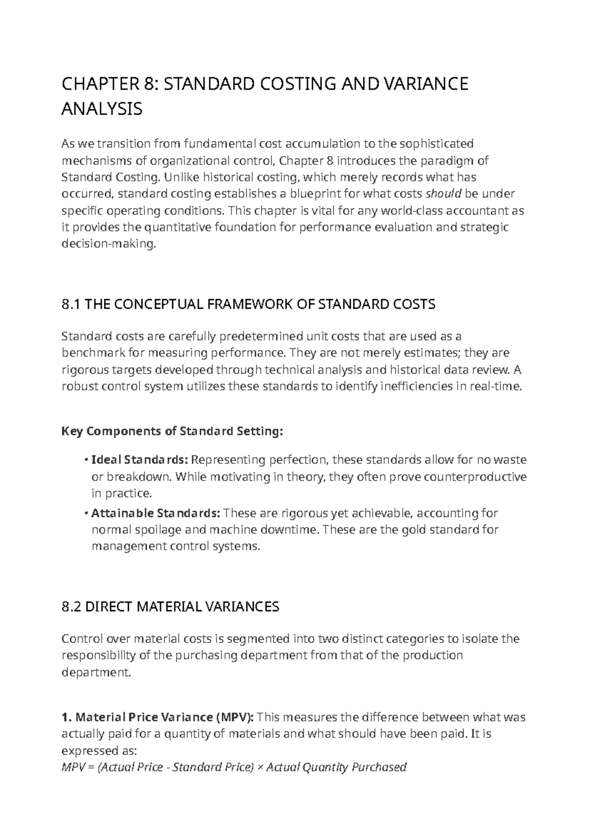 Cost Accounting CH8: Standard Costing & Variance Analysis - Studocu