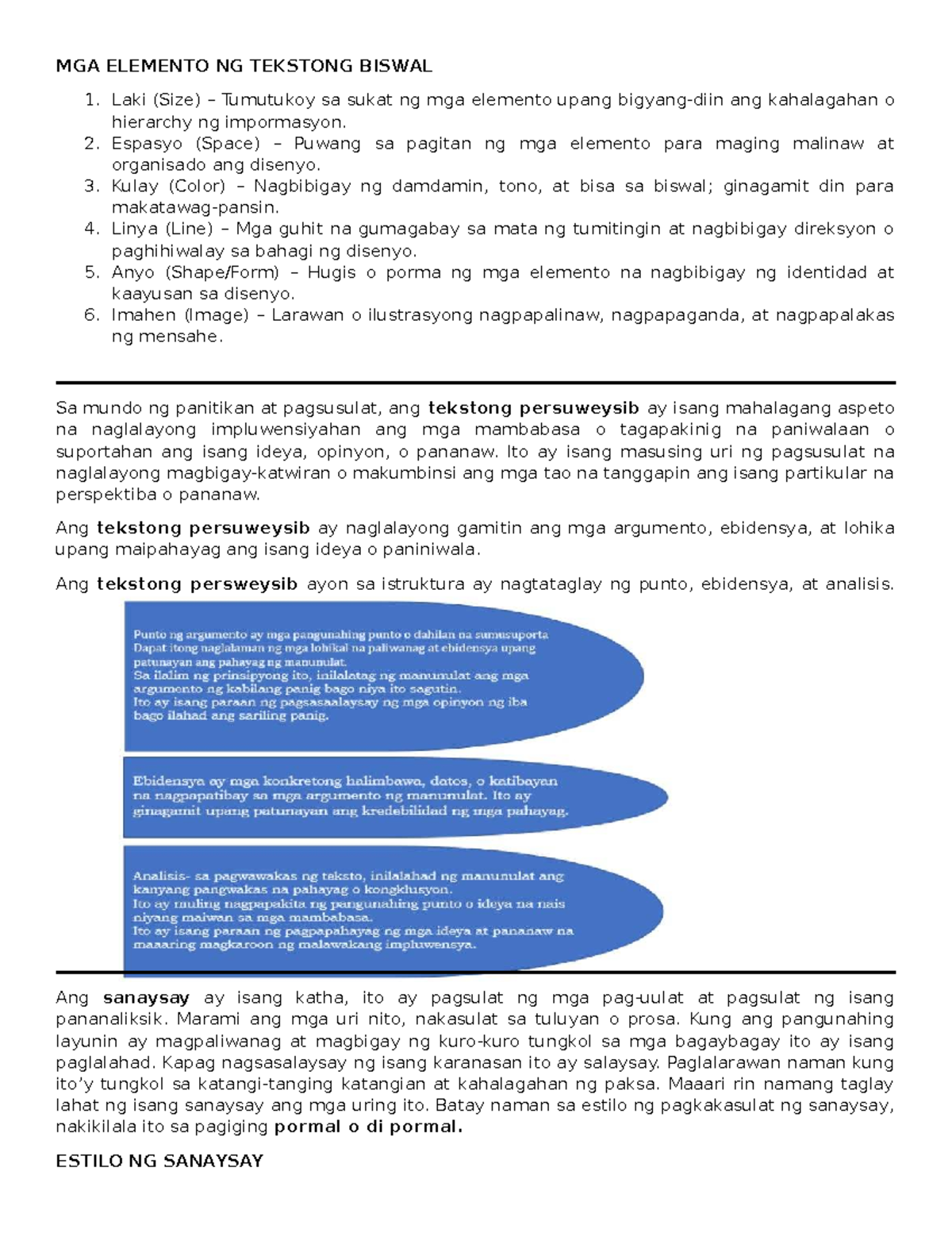 MGA ELEMENTO NG TEKSTONG BISWAL AT SANAYSAY SA FIL 8 - Studocu