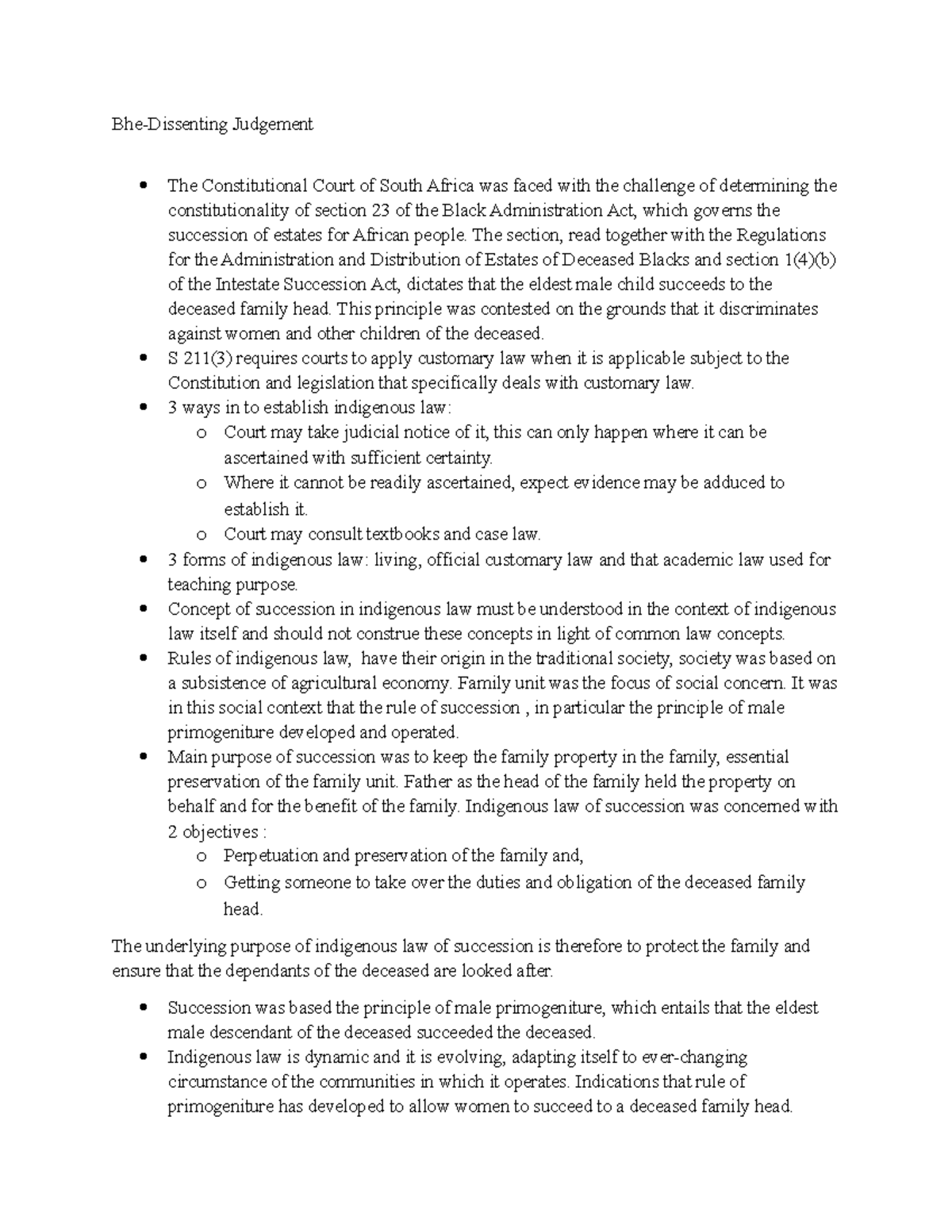 Bhe Case Study: Dissenting Judgement on Indigenous Law Succession - Studocu