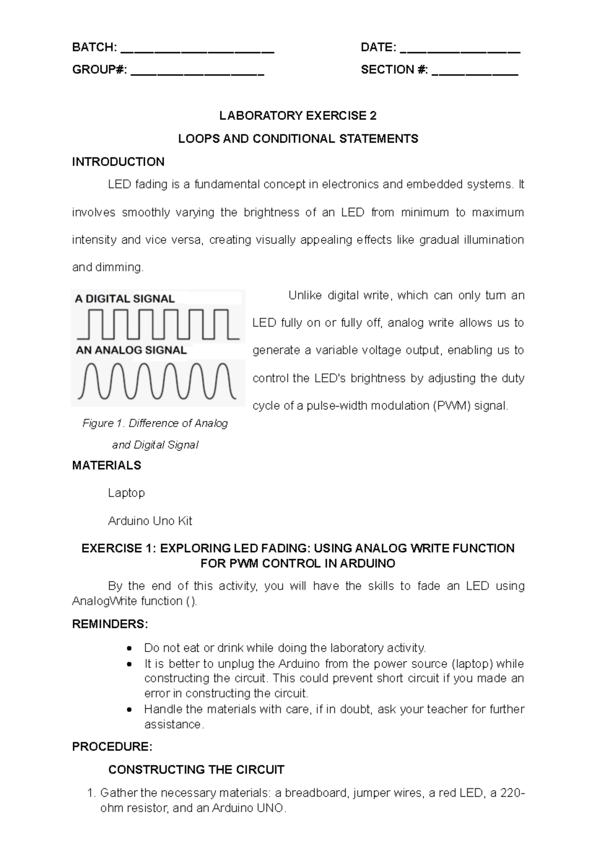 Arduino LAB 2: LED Fading with Loops & Conditional Statements - Studocu