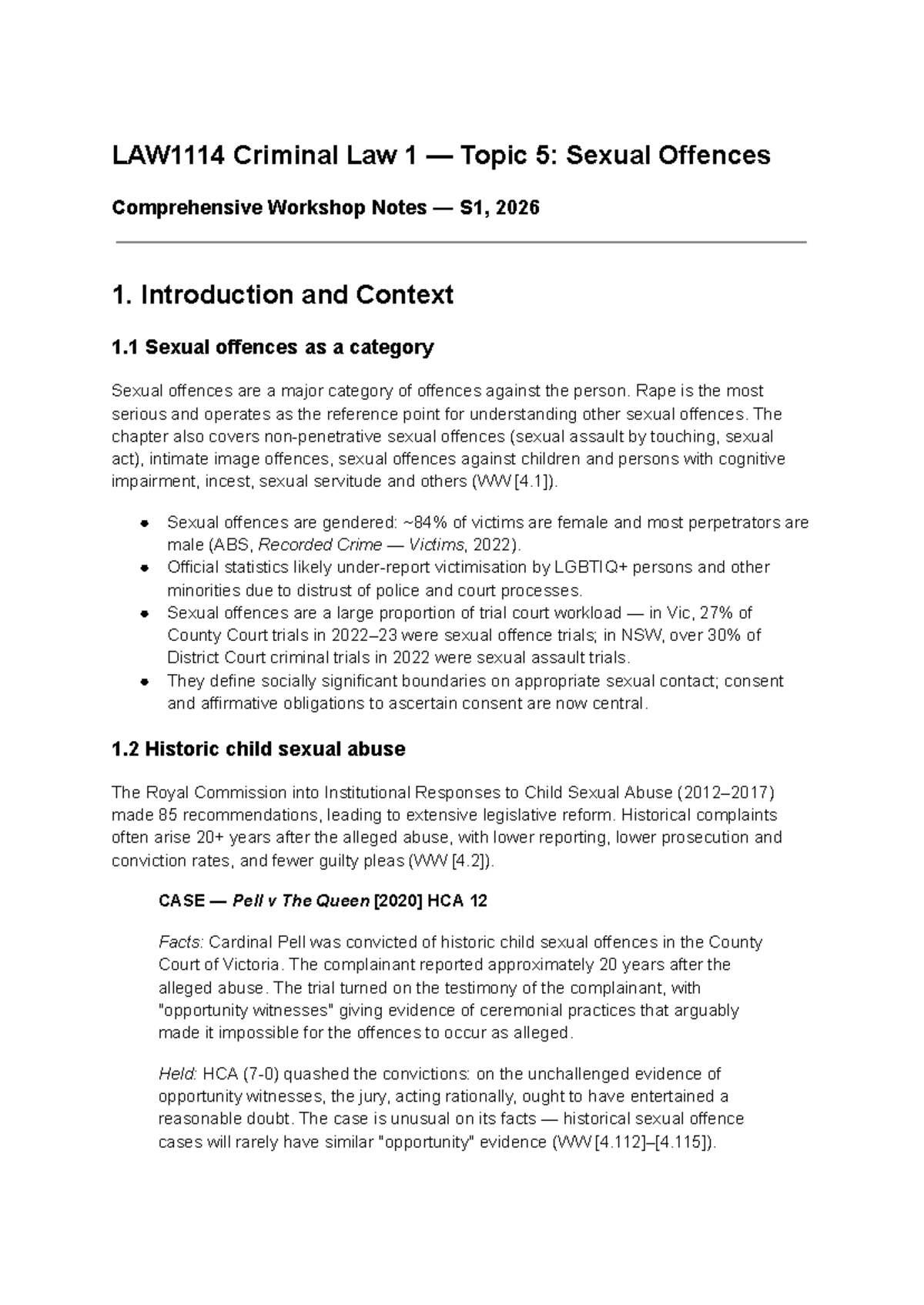 Criminal Law 1 S1, 2026: Topic 5 Sexual Offences Workshop Notes - Studocu