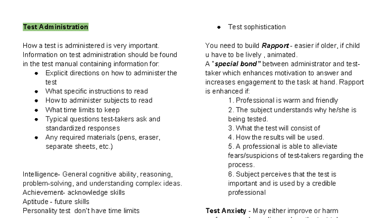 Test Administration - PSY 101: Assessment Notes and Guidelines - Studocu