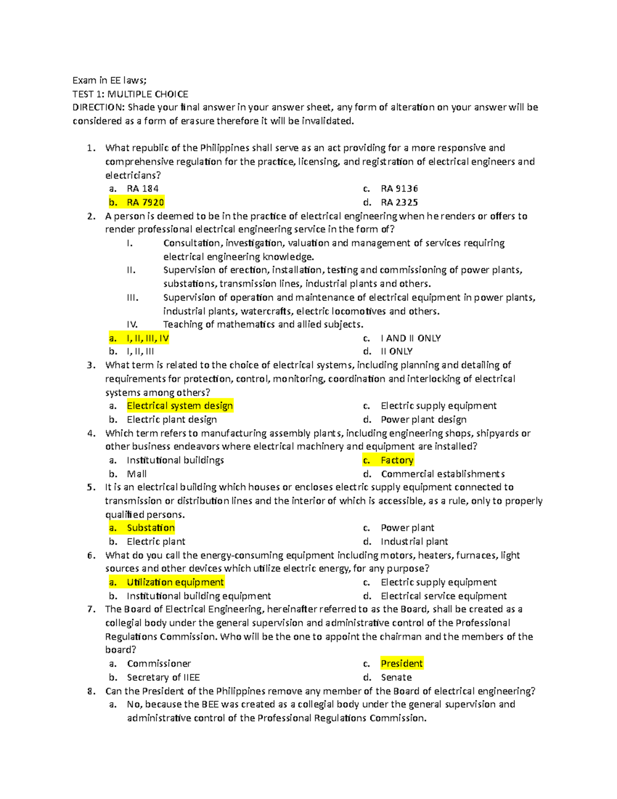 EE LAWS Exam: Multiple Choice & True/False Questions - Studocu
