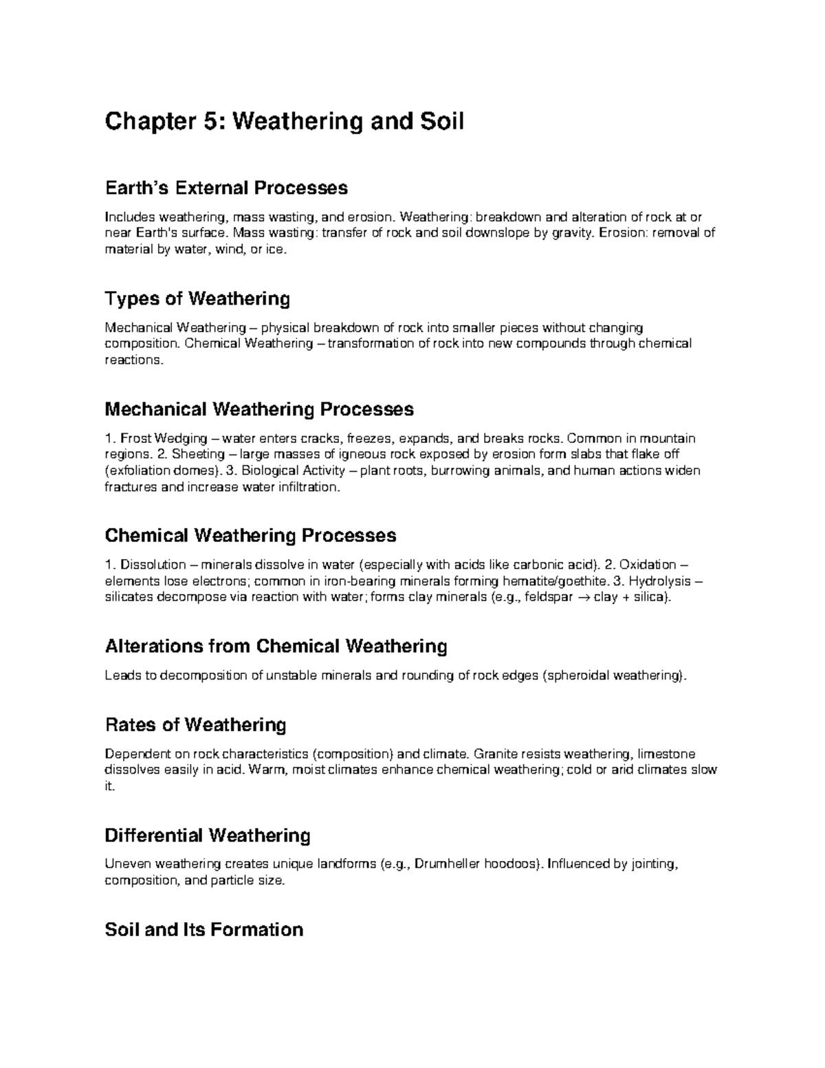 Chapter 5: Weathering and Soil Study Notes (Weathering, Erosion, Mass ...