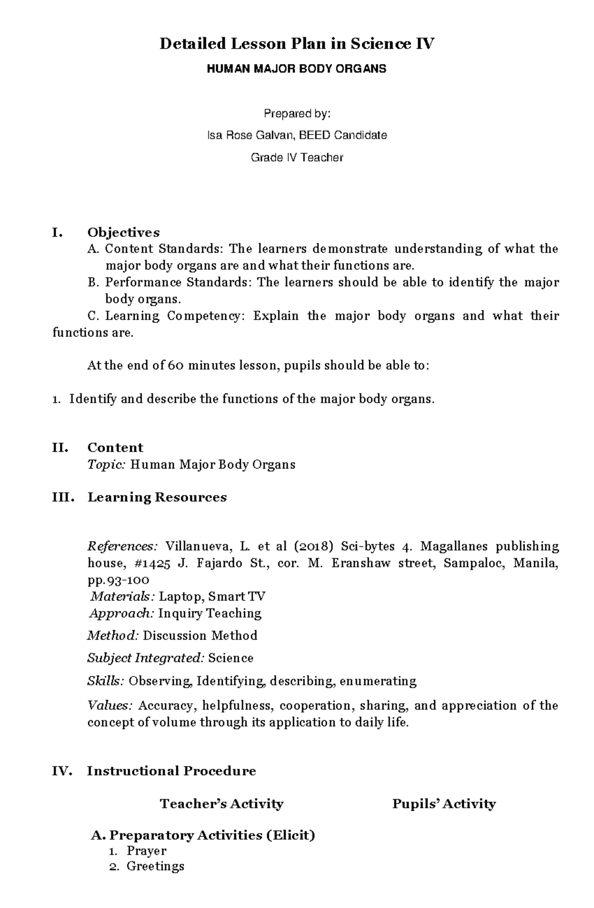 Detailed Lesson Plan: Science IV - Human Major Body Organs - Studocu