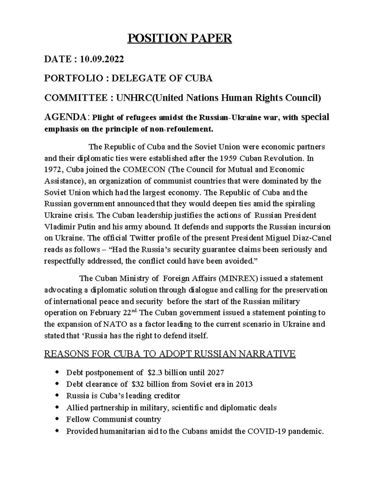 Position Paper: Delegate of Cuba at UNHRC on Refugee Plight - INMUN ...
