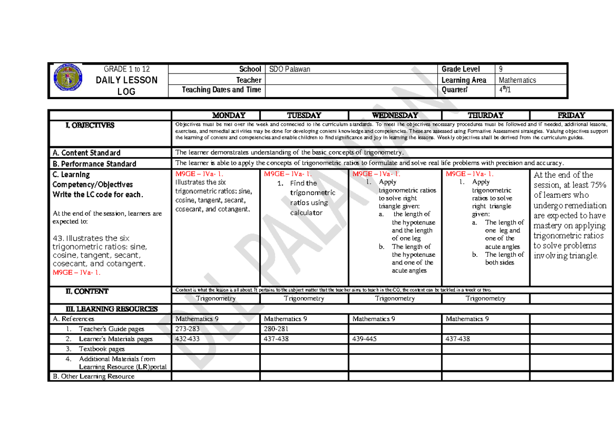 GRADE 9 MATHEMATICS DAILY LESSON LOG: TRIGONOMETRY APPLICATIONS - Studocu