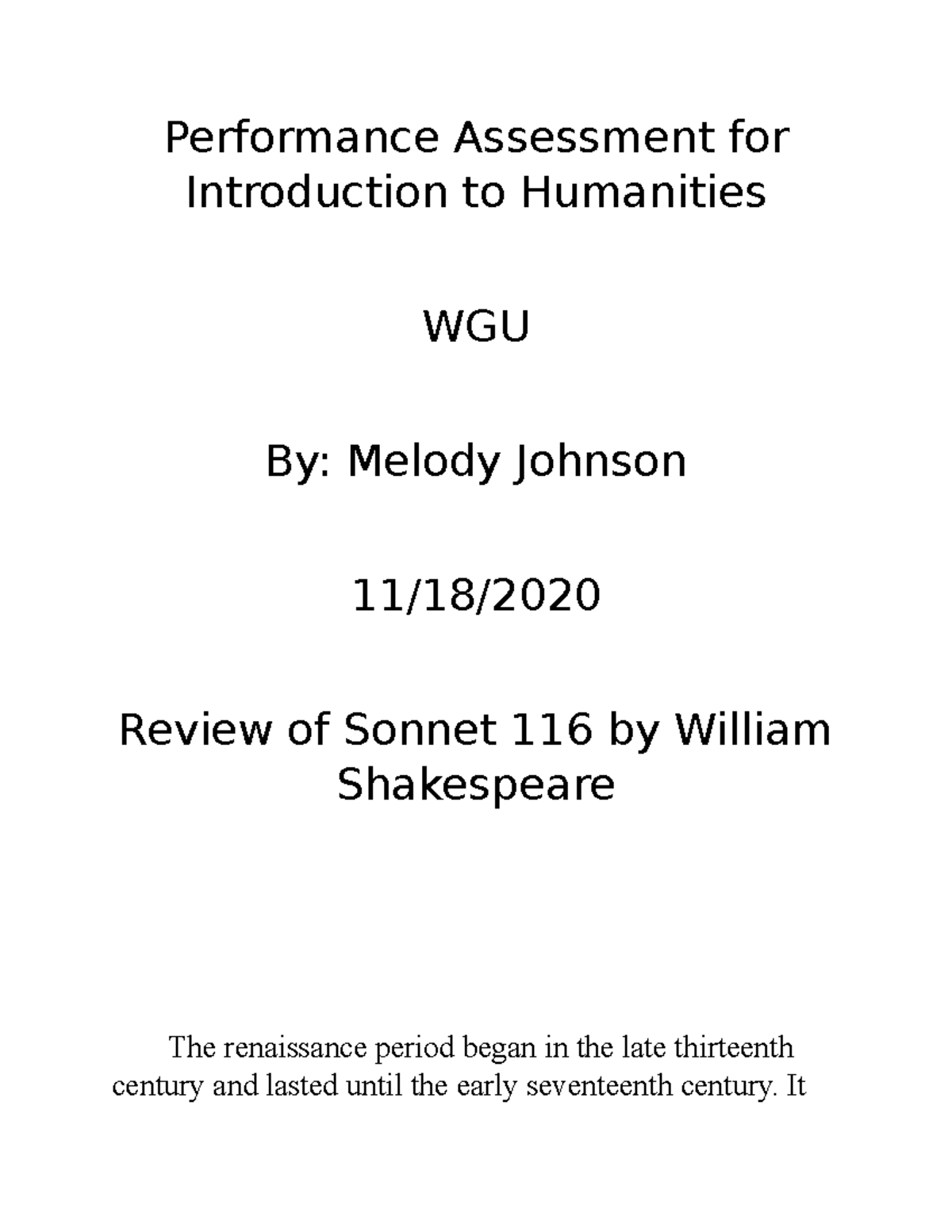 Introduction to Humanities C100 Task 1: Review of Shakespeare's Sonnet ...