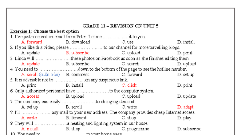 Grade 11 - UNIT 5 Revision Exercises and Answers - Studocu