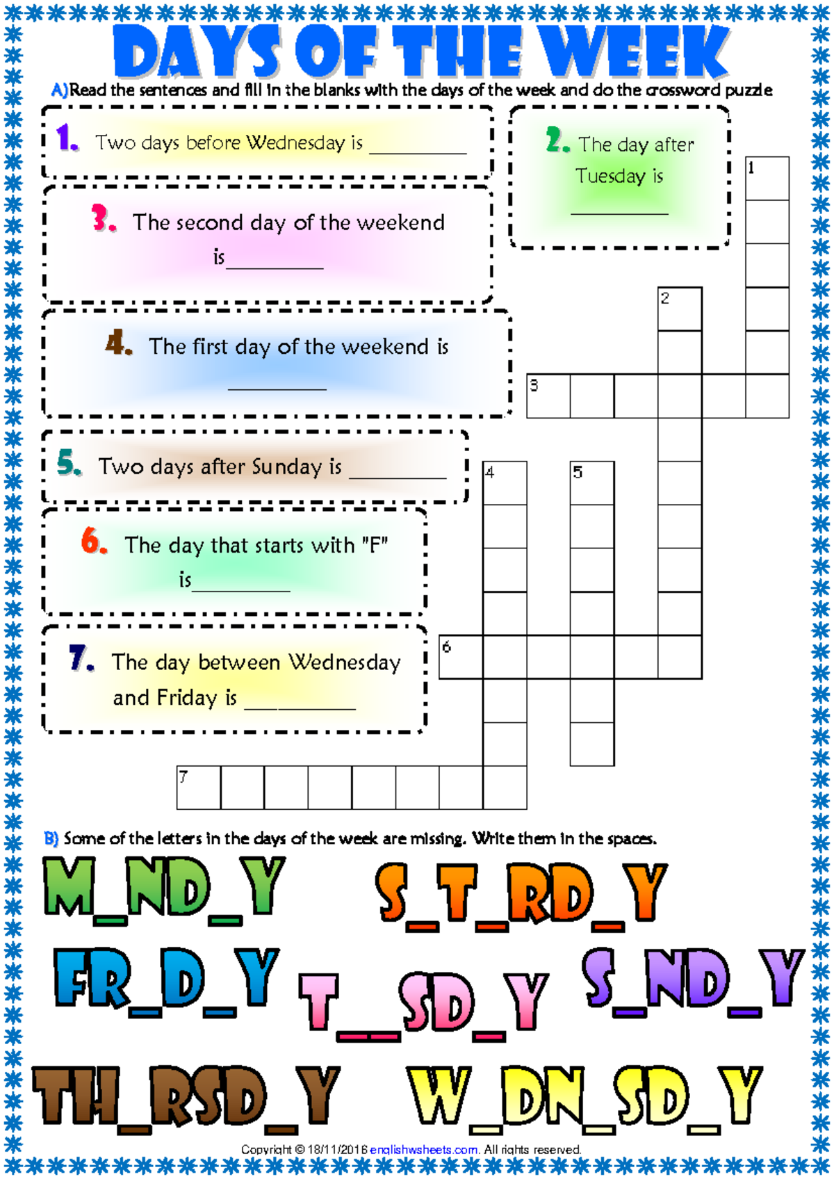 ESL Worksheet: Days of the Week Exercises for Kids - Studocu