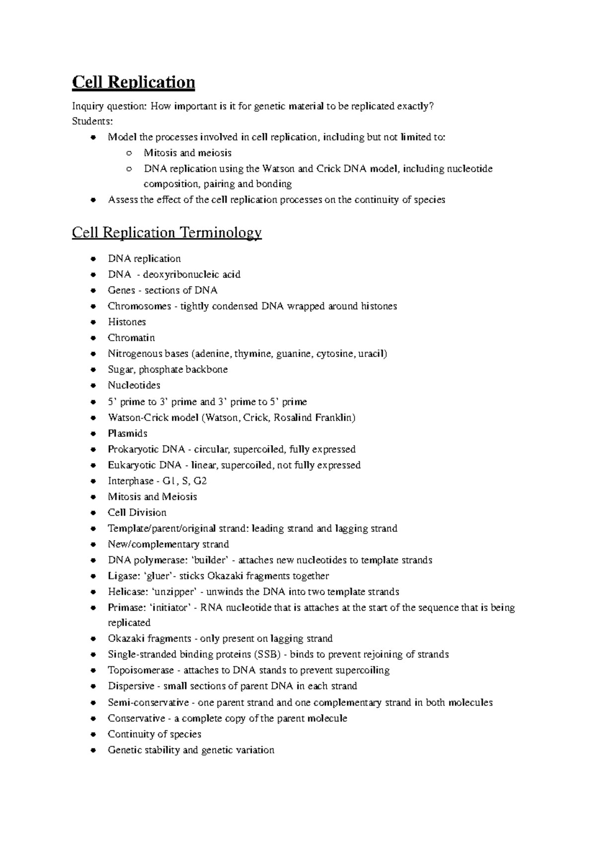 Biology Notes Year 12: Cell Replication & Genetic Continuity - Studocu
