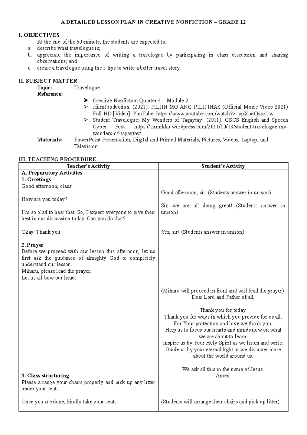 Final Lesson Plan: Travelogue Writing for Grade 12 - Studocu