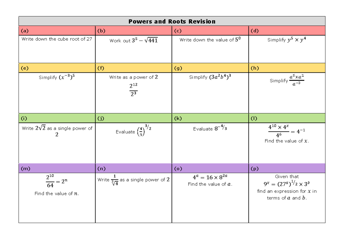 Powers and Roots Revision Practice Grid (Math 101) - Studocu