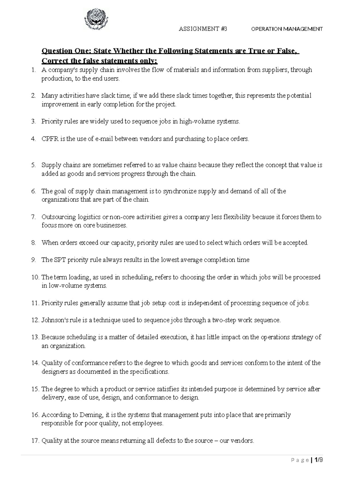 ASSIGNMENT OPERATION MANAGEMENT: True/False & Multiple Choice Questions - Studocu