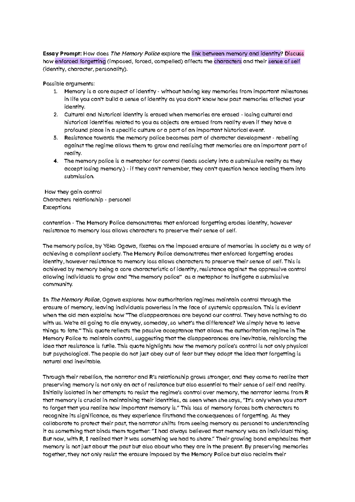 ENG 202: Essay on Memory and Identity in Yōko Ogawa's The Memory Police ...