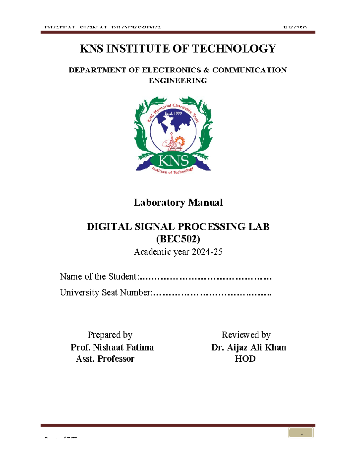 Digital Signal Processing Lab Manual (BEC 502) - Final Edition - Studocu