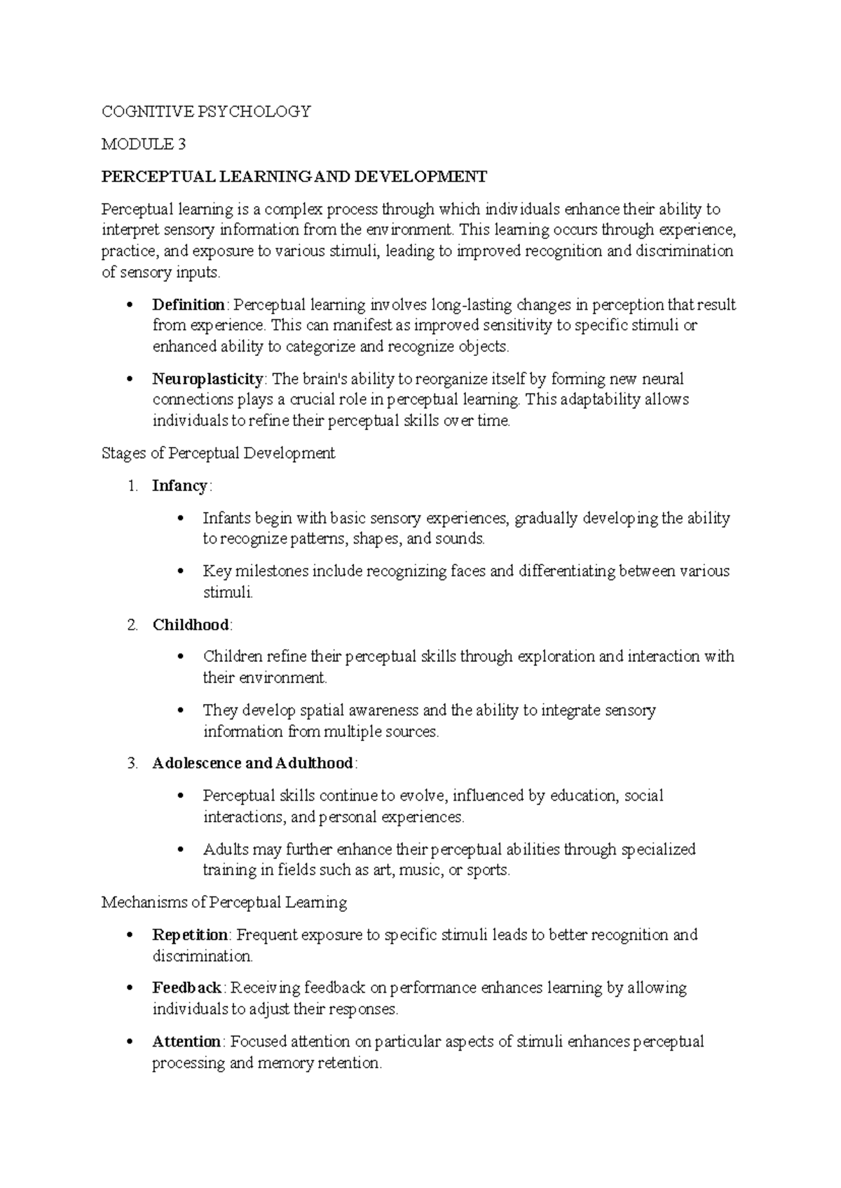 Cognitive Psychology MOD 3: Perceptual Learning & Development - Studocu