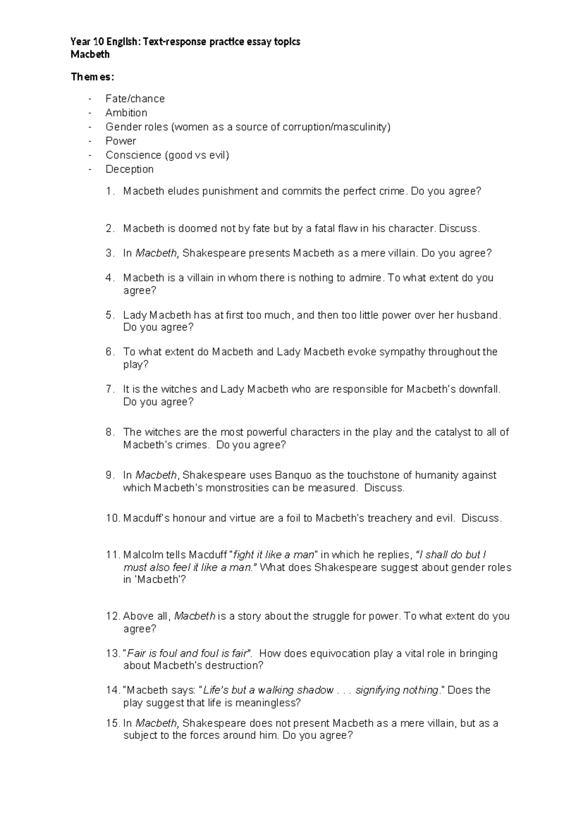 Year 10 English: Macbeth Practice Essay Topics on Themes - Studocu