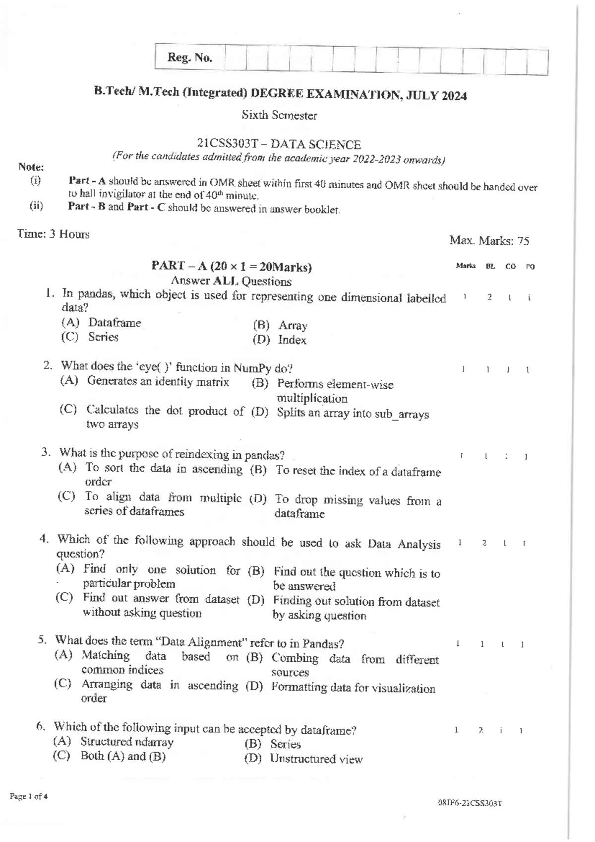 21CSS303T 08 - Data Science Final Exam Question Paper - Studocu