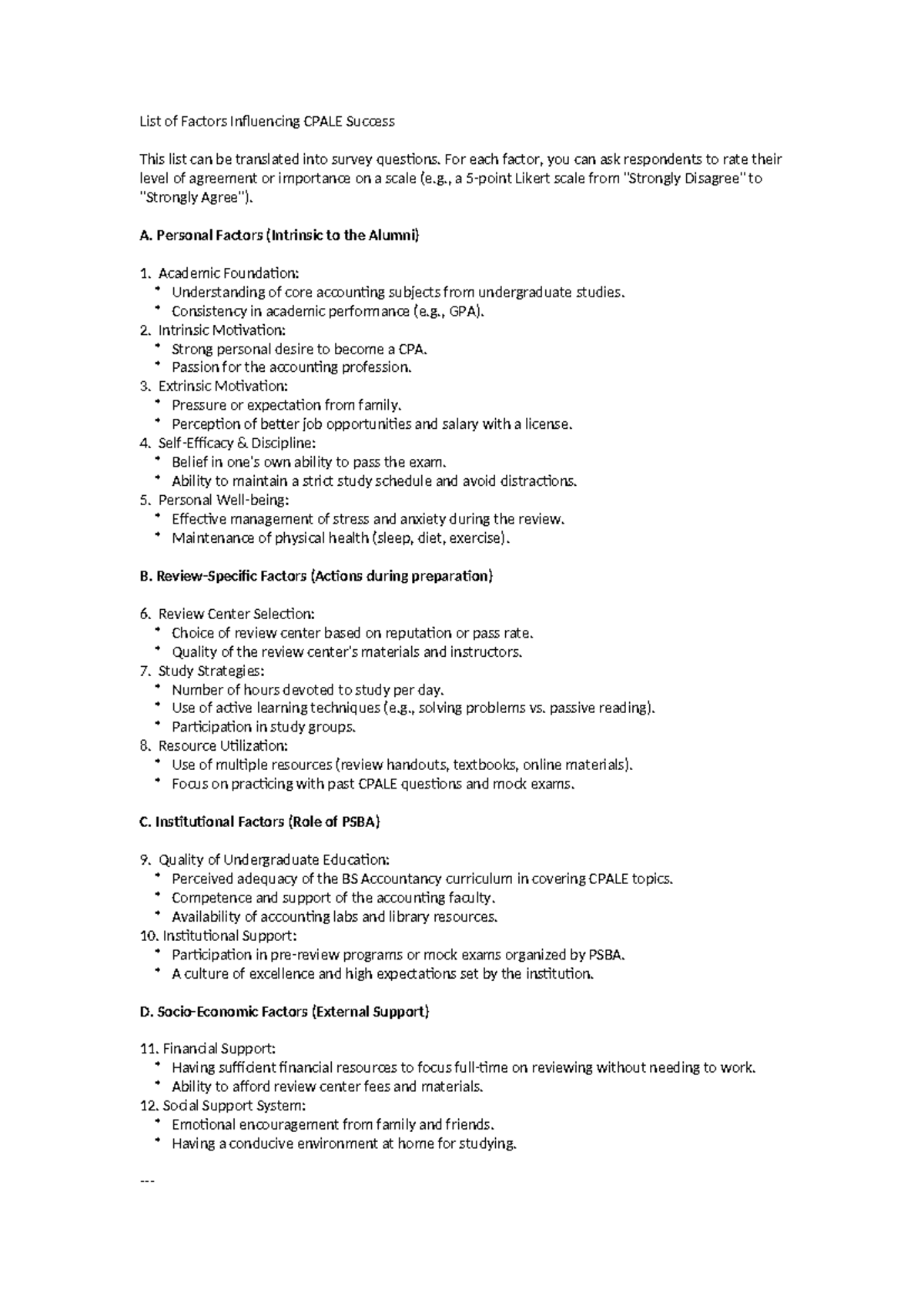 Factors Influencing CPALE Success: Survey Question Guide - Studocu