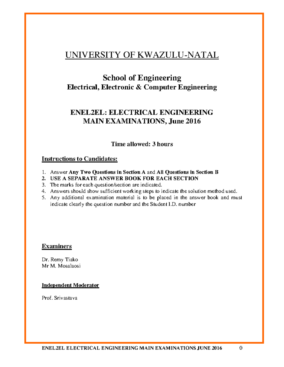 ENEL2EL: Electrical Engineering Main Exam Past Paper, June 2016 - Studocu