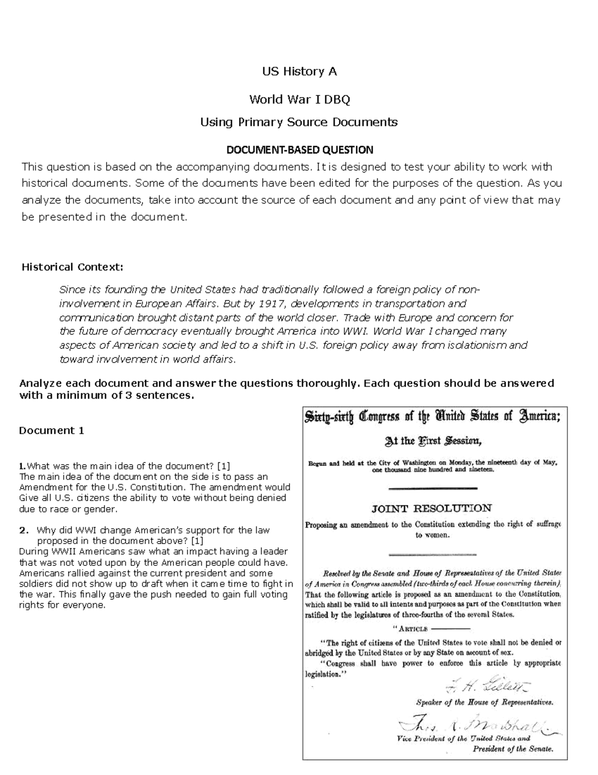 WWI DBQ Analysis - US History A (Nancy Lopez) - Studocu