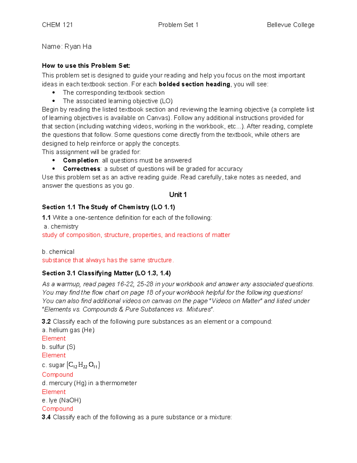 CHEM 121 Problem Set 1 - Active Reading Guide for Bellevue College ...