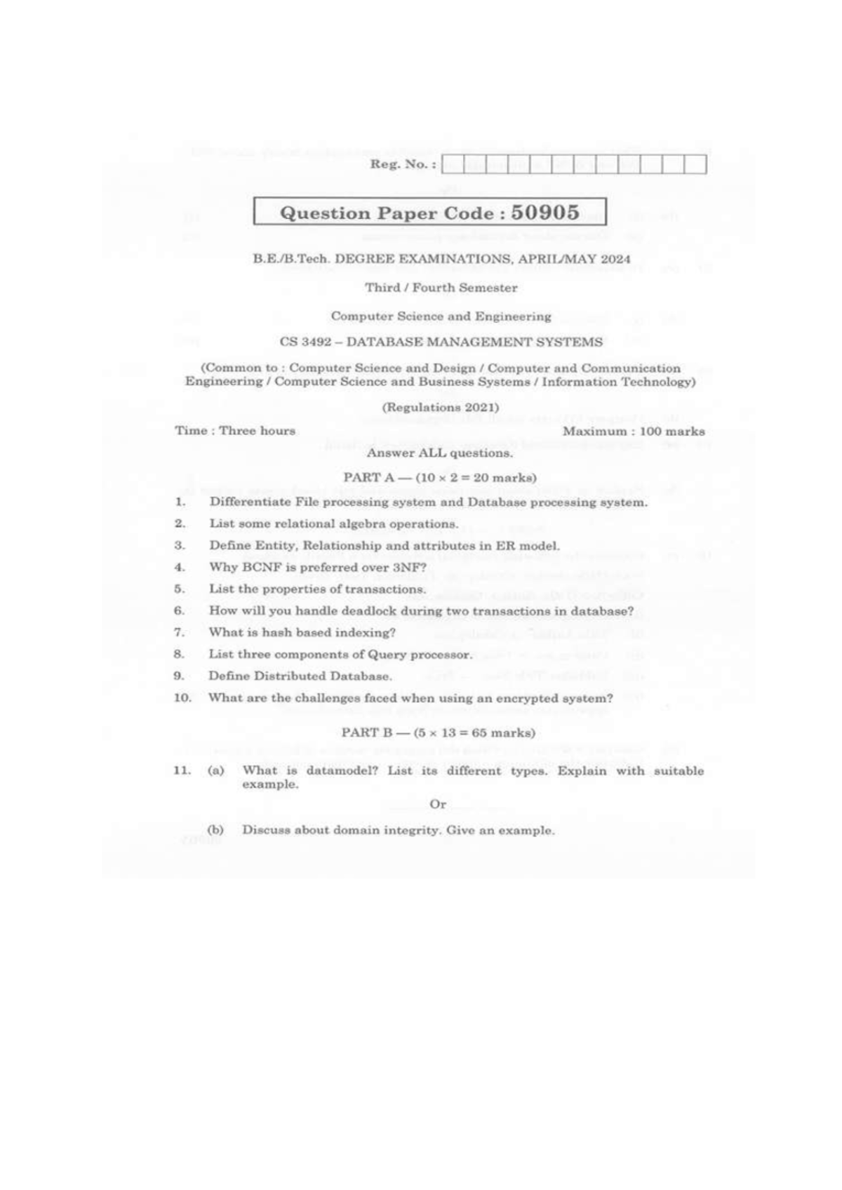 CS 3492 DBMS Last Question Paper 2024 - Studocu