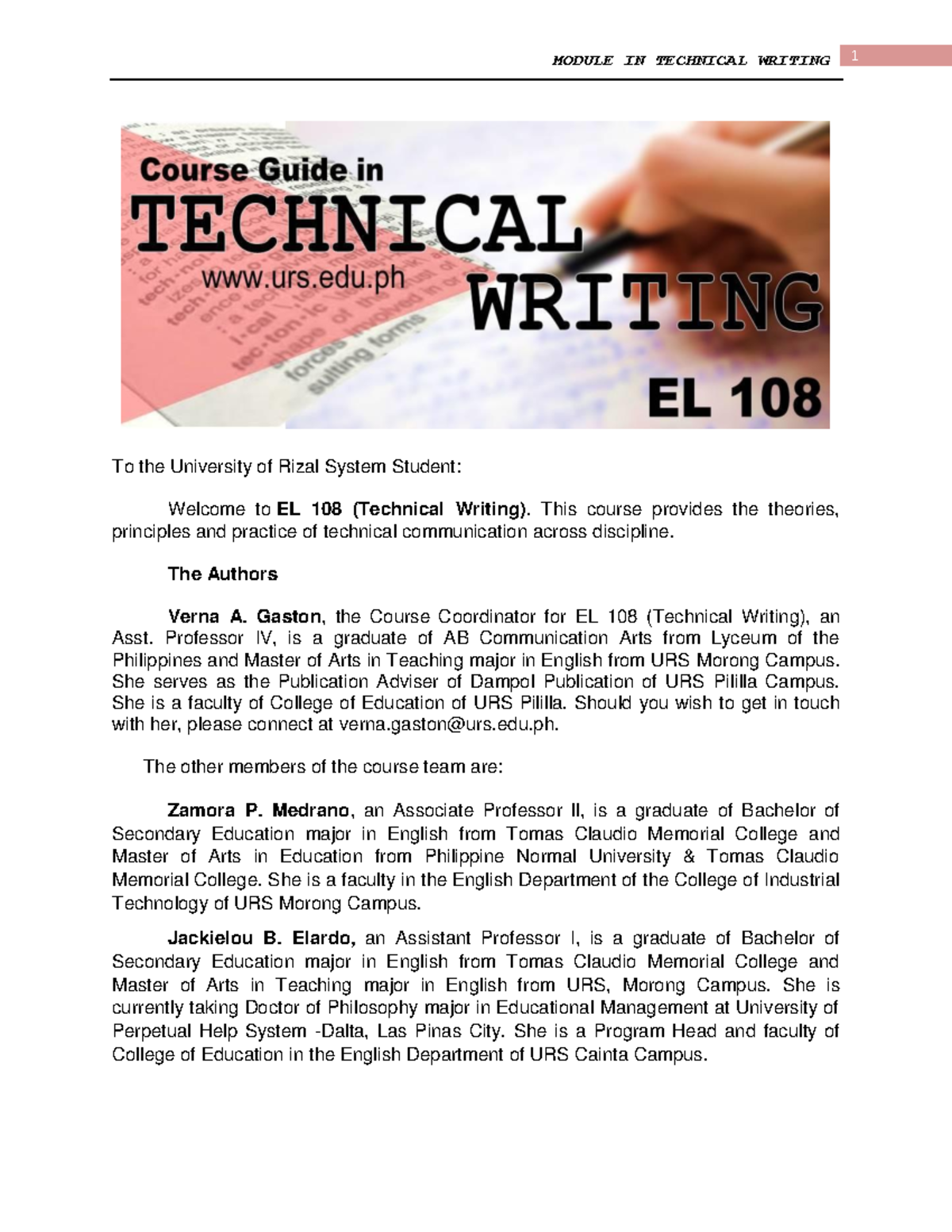 EL 108 Technical Writing: Module 1 - Nature of Technical Writing - Studocu