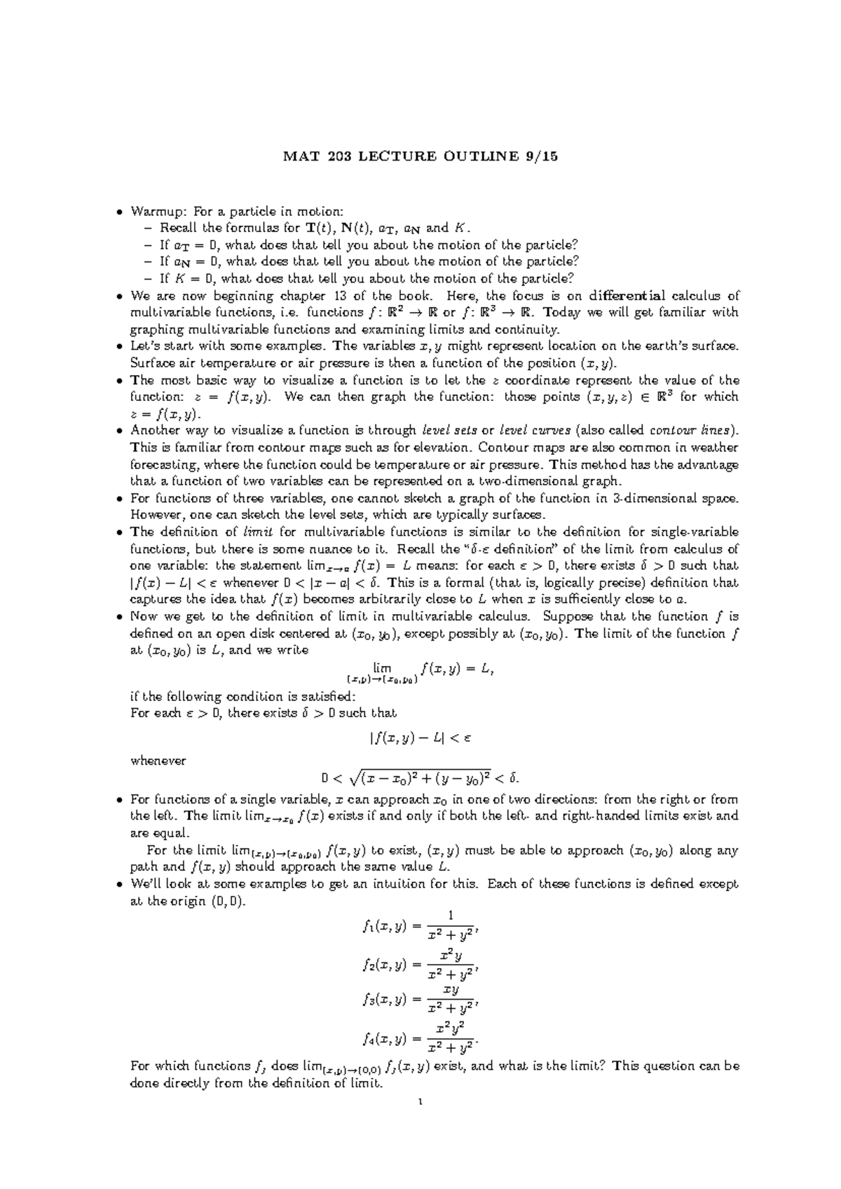 MAT 203 Outline 9 - Lecture Notes on Multivariable Calculus Concepts ...