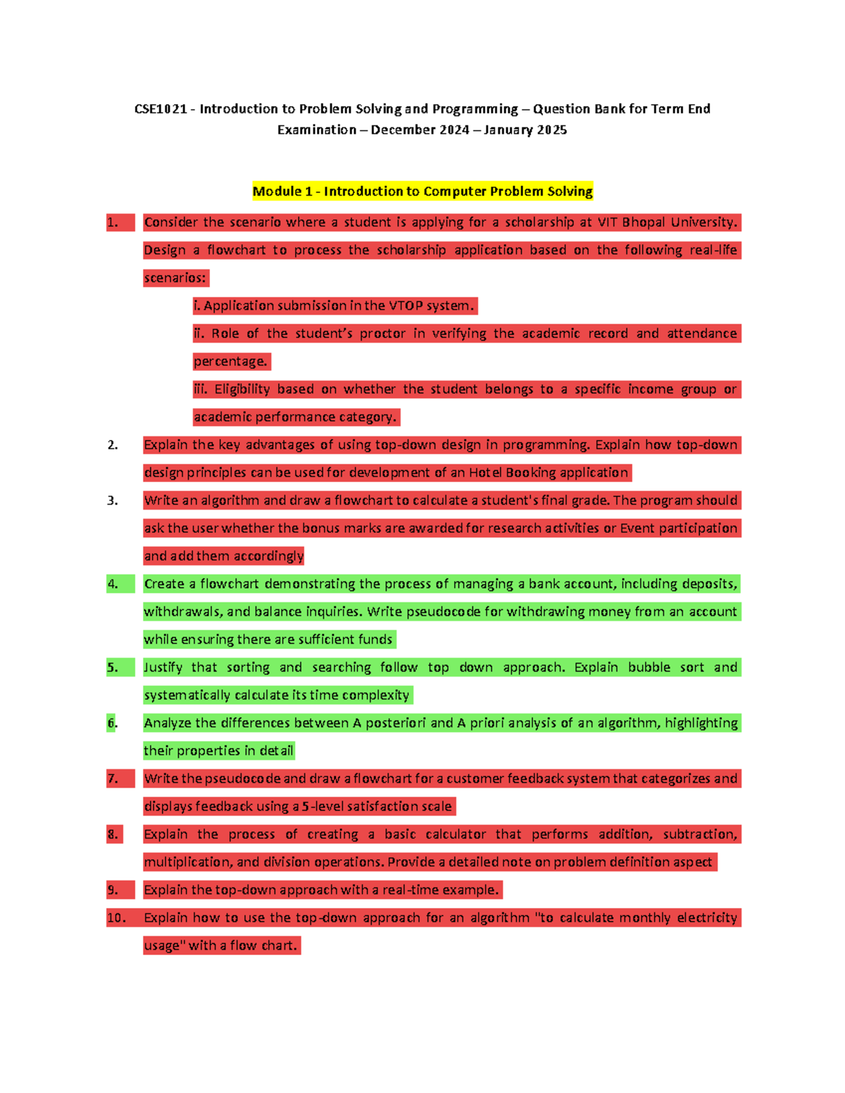 CSE1021 Term End Question Bank: Problem Solving & Programming Guide - Studocu