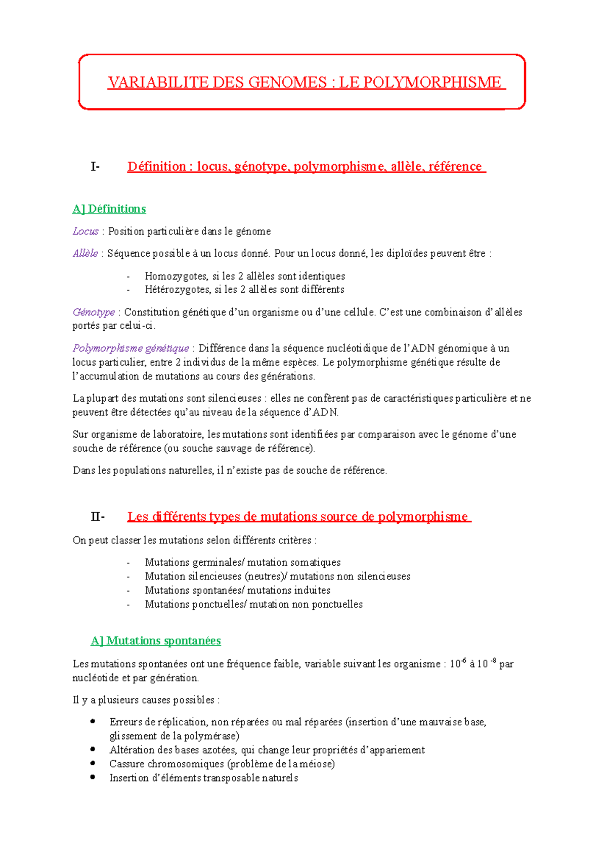 Cours 2 : Polymorphisme Génétique et Variabilité des Génomes - Studocu