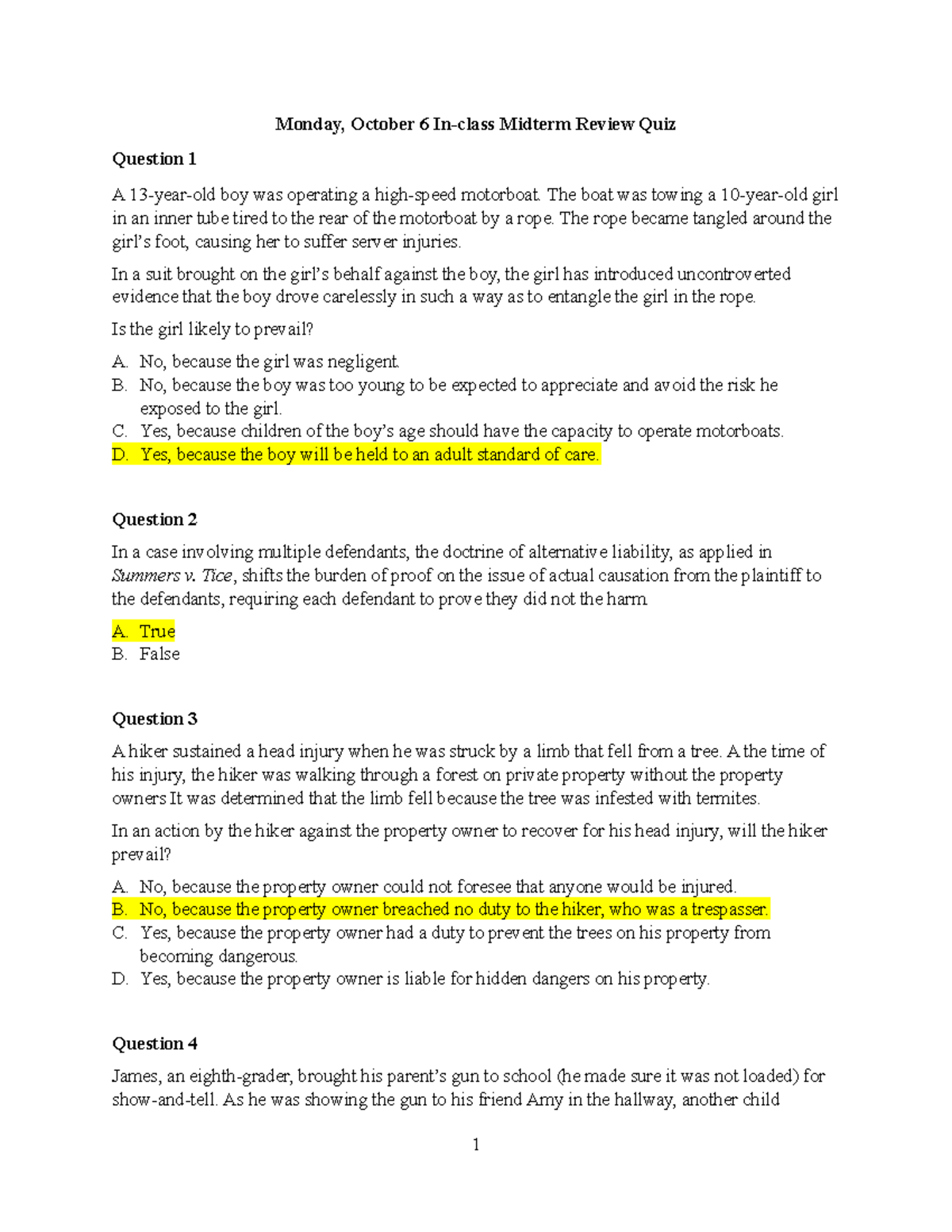 Torts 101 Midterm Review Quiz: Multiple-Choice Practice - Studocu