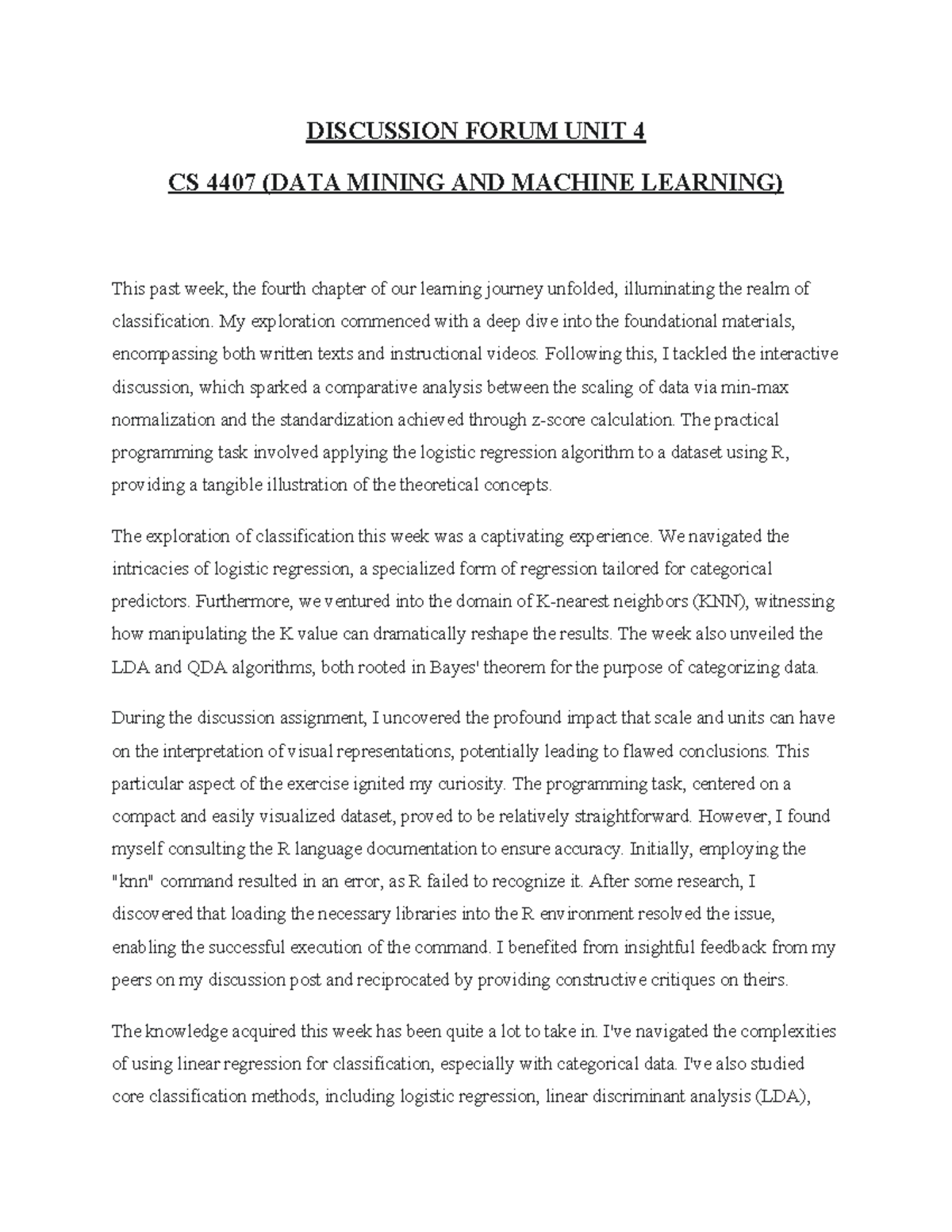 Learning Journal Unit 4: Classification Insights in CS 4407 - Studocu