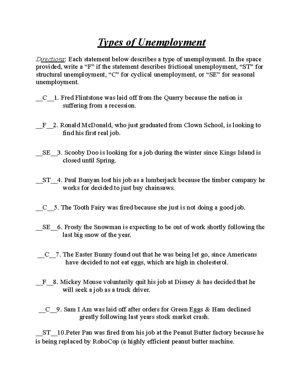 Types of Unemployment Worksheet (Economic Concepts) - Studocu