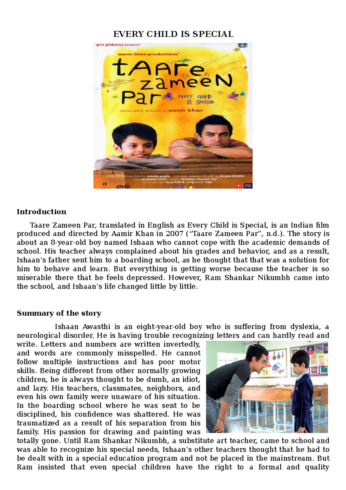 Analysis of Every Child is Special: Themes and Impact (FILM 101) - Studocu