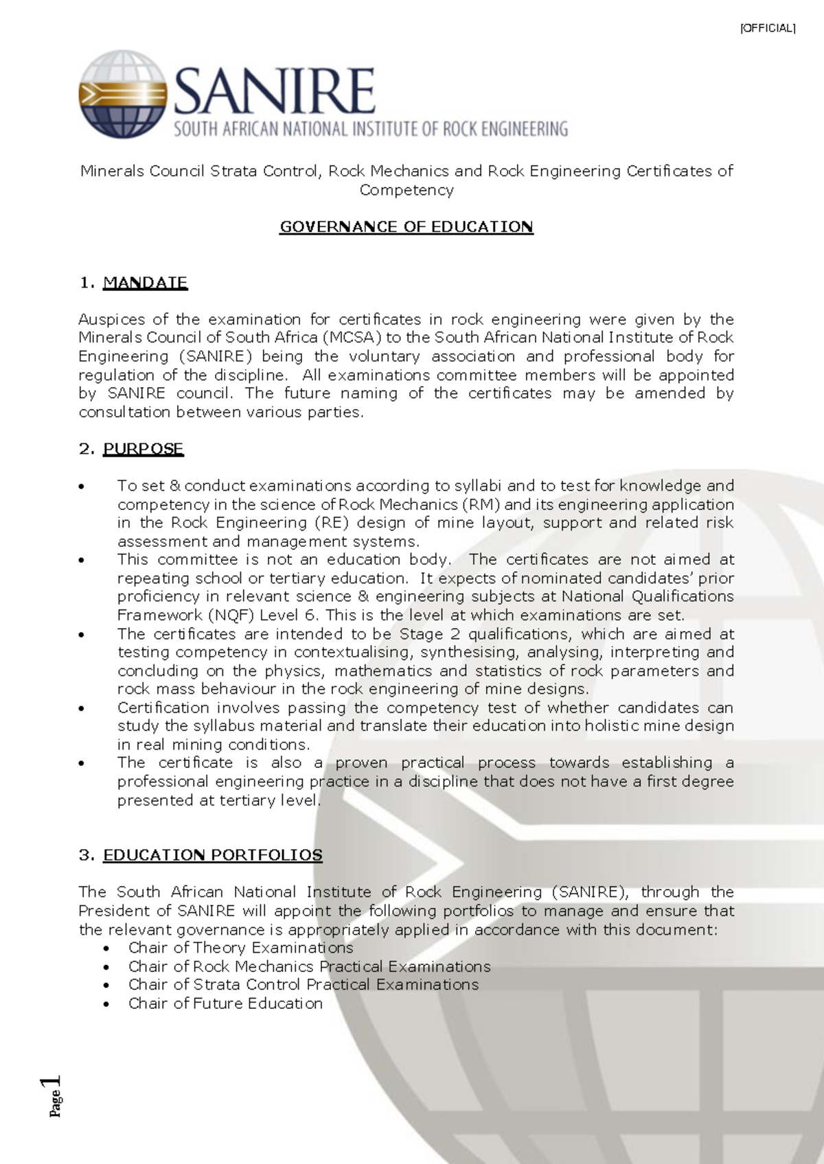 SANIRE Governance of Education: Rock Engineering Competency ...