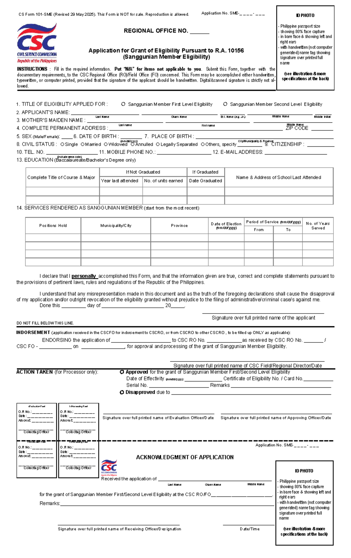 CS Form 101-SME: Application for Sanggunian Member Eligibility (Rev ...