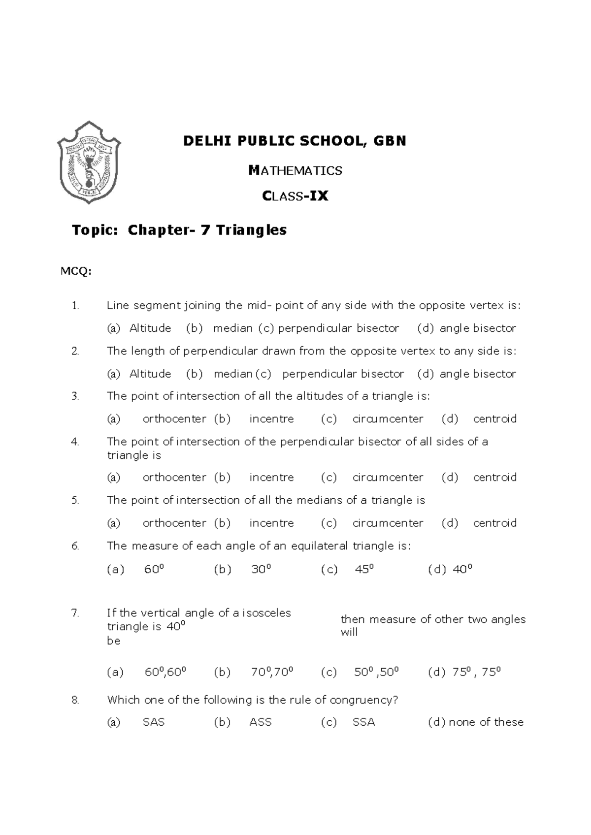 Mathematics Worksheet: Triangles MCQs - DELHI PUBLIC SCHOOL, GBN - Studocu